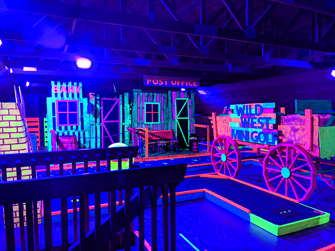 "Glow-in-the-dark golfing extravaganza! This isn't your grandpa's mini-golf course. It's like Vegas met Old MacDonald and decided to throw a party."