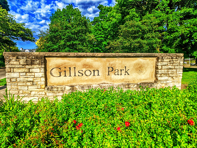 Welcome to paradise! This sign might as well say, "Leave your worries at the entrance." Gillson Park: where everyday stress goes on vacation.