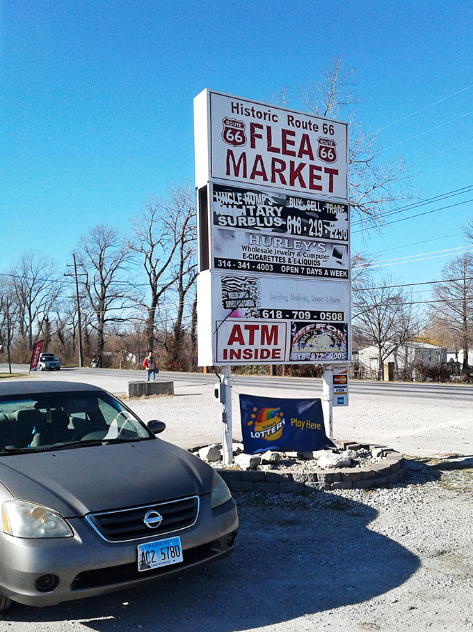 Sign of the times: This roadside beacon is like a lighthouse for bargain hunters, guiding weary travelers to a safe harbor of vintage finds and ATM access.