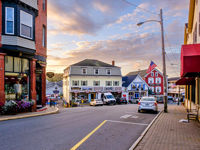 Golden hour magic in downtown Boothbay Harbor. As the sun sets, the town takes on a warm glow that makes you want to linger just a little longer.