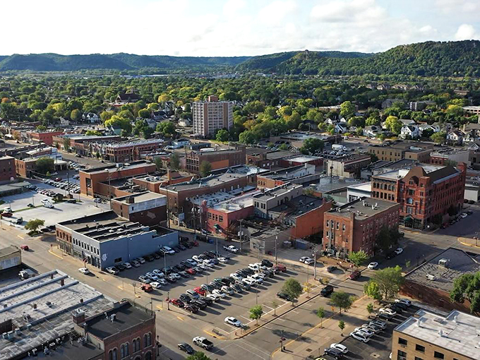 Bird's eye beauty: Winona's urban quilt. From up here, the town looks as meticulously planned as your retirement portfolio.