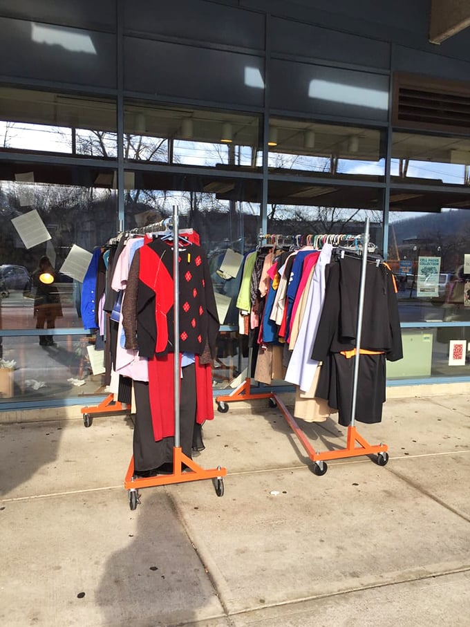 Rack 'em up! These clothing racks are like a fashion time machine parked right on the sidewalk.