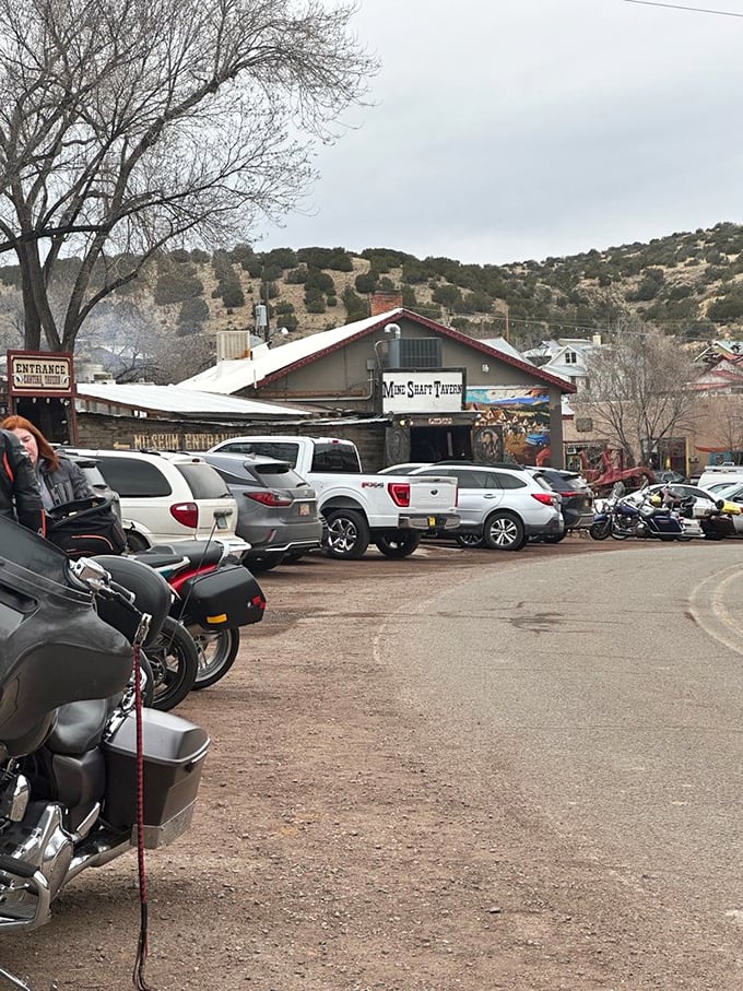 Parking lot or biker's paradise? Either way, it's clear the Mine Shaft Tavern is the place to be for two-wheeled enthusiasts and food lovers alike.