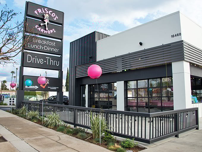 Frisco's exterior: Where mid-century modern meets Main Street USA. Don't be surprised if you hear the distant roar of a '57 Chevy.