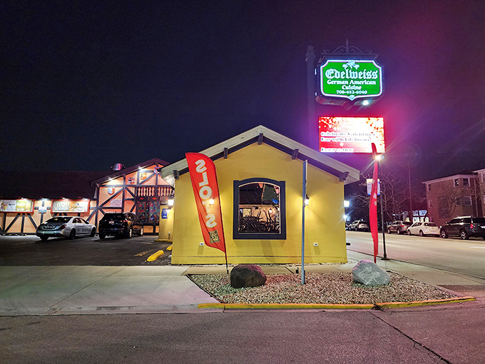 As night falls, Edelweiss glows like a beacon of Bavarian cheer. It's a slice of Munich, just off the expressway.