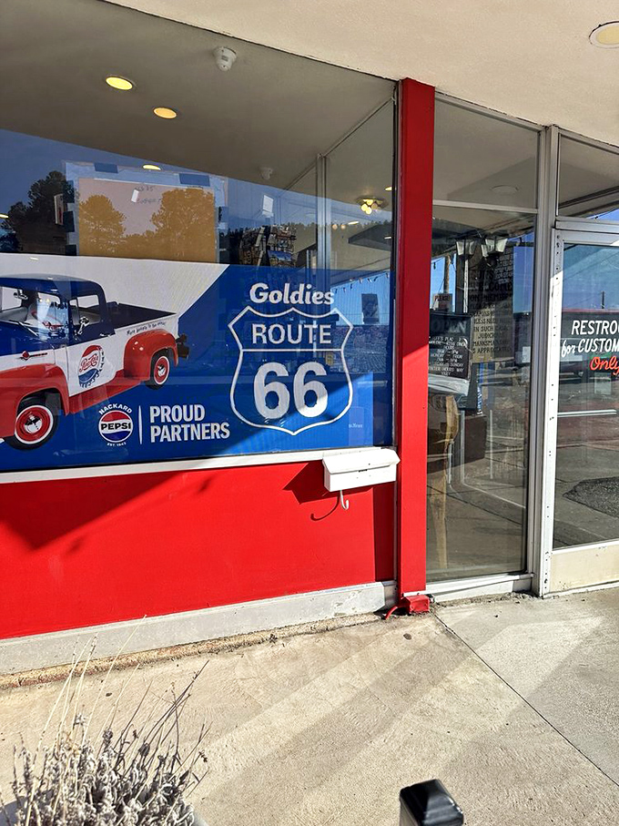 Pepsi and Route 66: A match made in road trip heaven. Goldie's facade is like a siren song for thirsty travelers and hungry history buffs alike.