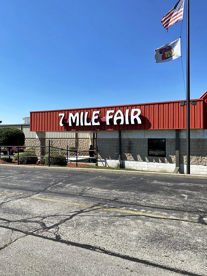 Red, white, and bargains! 7 Mile Fair stands proud under clear Wisconsin skies, a beacon of hope for deal-seekers and treasure hunters alike.