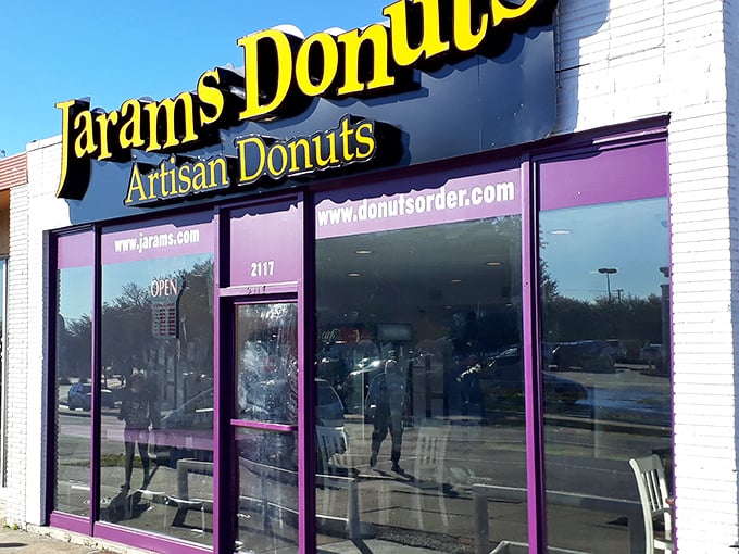 The purple portal to pastry paradise! Jarams' storefront is like a beacon calling all donut lovers home.