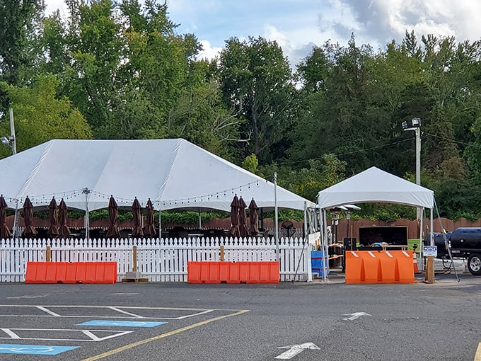 Even the parking lot gets dressed up for dinner! These tents aren't just for looks; they're a promise of good times and great food waiting just beyond.