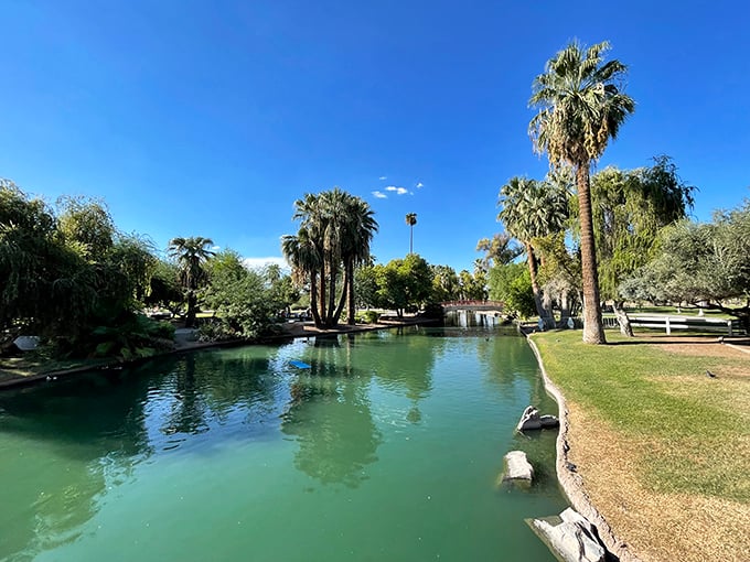 An oasis of tranquility! This lagoon view proves that Enchanted Island isn't just about thrills - it's also a picturesque spot for some peaceful reflection.