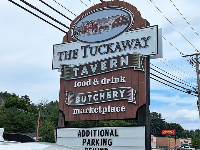 The sign says it all: food, drink, and a marketplace of meaty delights. It's like Disneyland for carnivores!