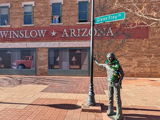 "Standing on a corner in Winslow, Arizona" takes on new meaning with this whimsical statue. Eagles fans, rejoice &ndash; your pilgrimage site awaits!