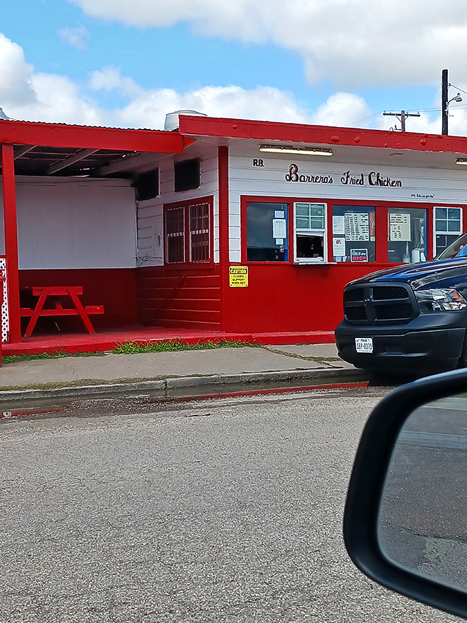 Drive-by deliciousness! Even from the car, this little red chicken shack beckons with promises of crispy satisfaction.