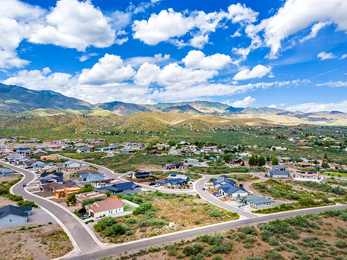 Bird's eye bliss! From up here, Clarkdale looks like a model train set designed by Mother Nature herself. All aboard the tiny town express!