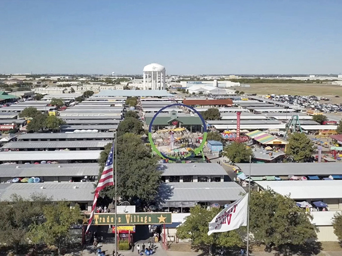 Bird's eye bargain bonanza! This aerial view showcases the sprawling spectacle that is Traders Village in all its glory.