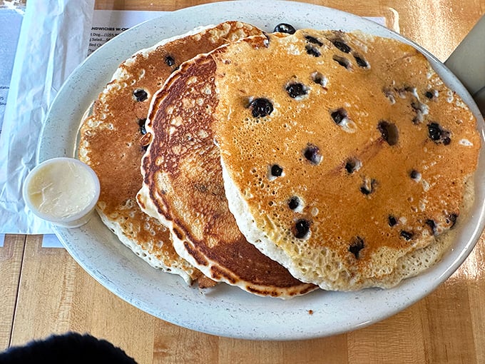 Blueberry pancakes that'll make you feel like you're picking fresh berries on a summer morning. A stack of pure joy, served hot off the griddle.