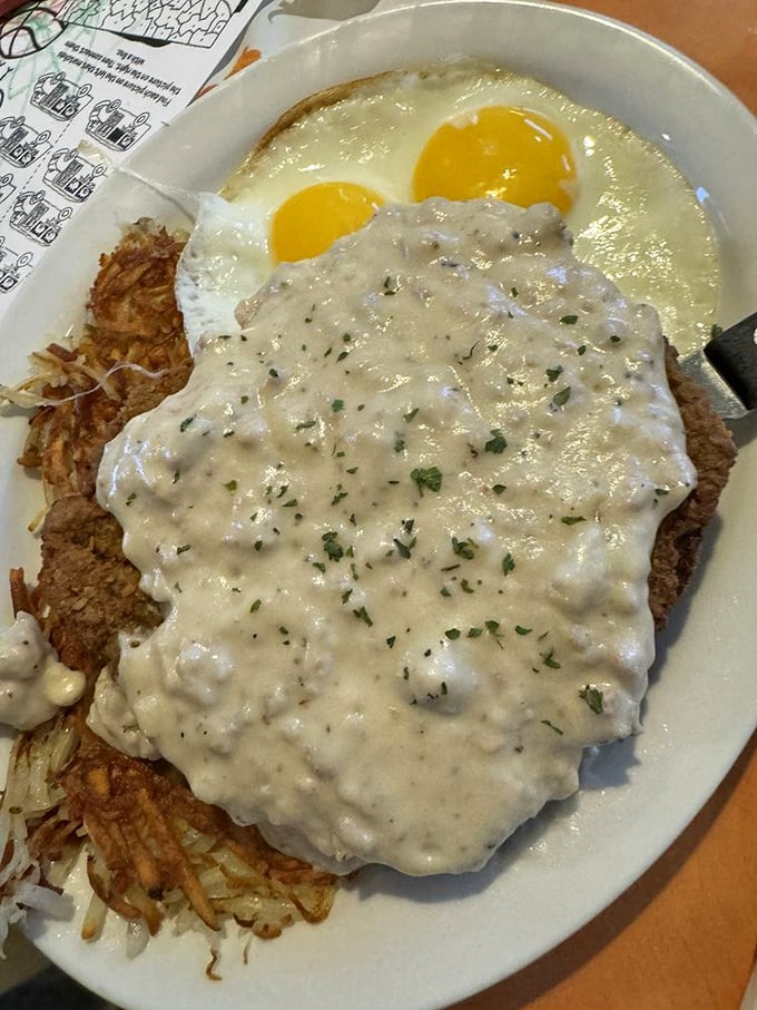 Chicken fried steak and eggs: A plate so hearty, it could fuel a cattle drive. Yeehaw for breakfast!