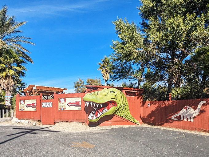 Greetings from the Mesozoic Era! This toothy welcome committee ensures your visit starts with a bang &ndash; or a bite!