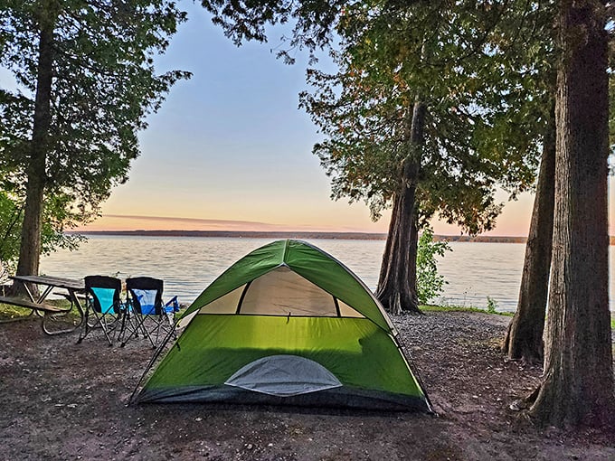 Lakeside living at its finest: Where "waterfront property" means your tent might get its toes wet at high tide.