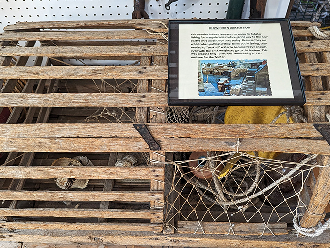 Catch of the centuries: An old lobster trap and interpretive display offer a glimpse into the timeless art of Maine lobstering.