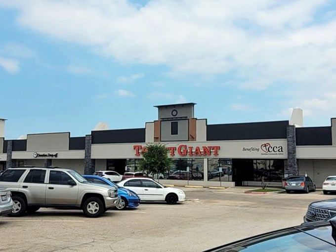 The calm before the bargain-hunting storm. This parking lot is about to become a staging ground for thrift store victories.