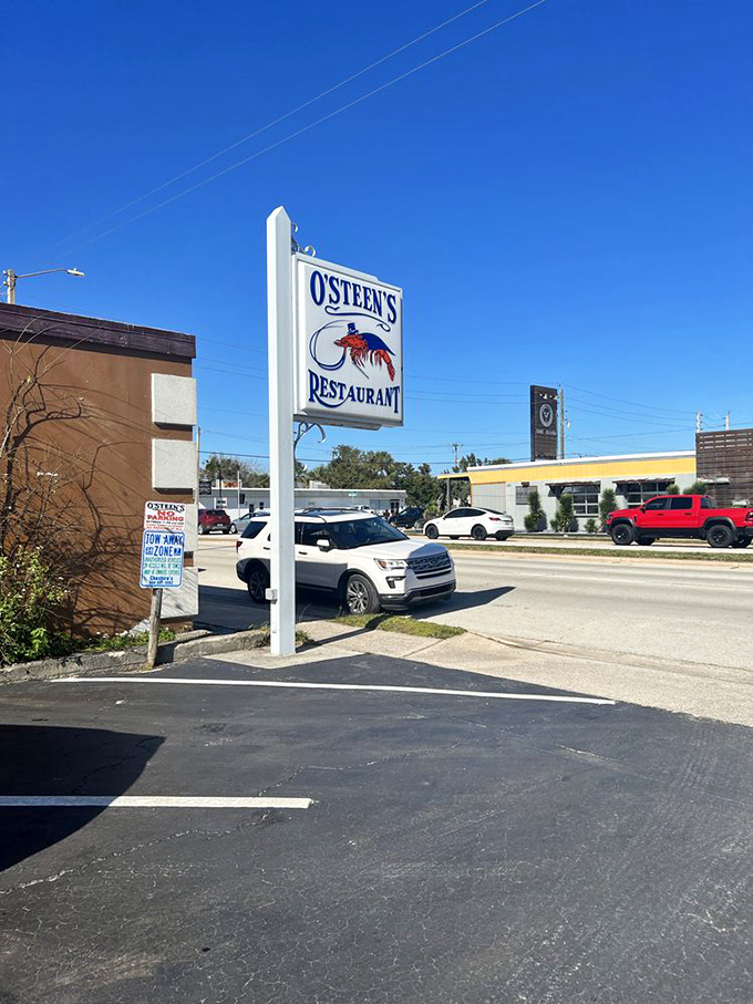 The pilgrimage begins! O'Steen's parking lot is where the anticipation builds. Pro tip: Come hungry, leave happy (and maybe a little rounder).