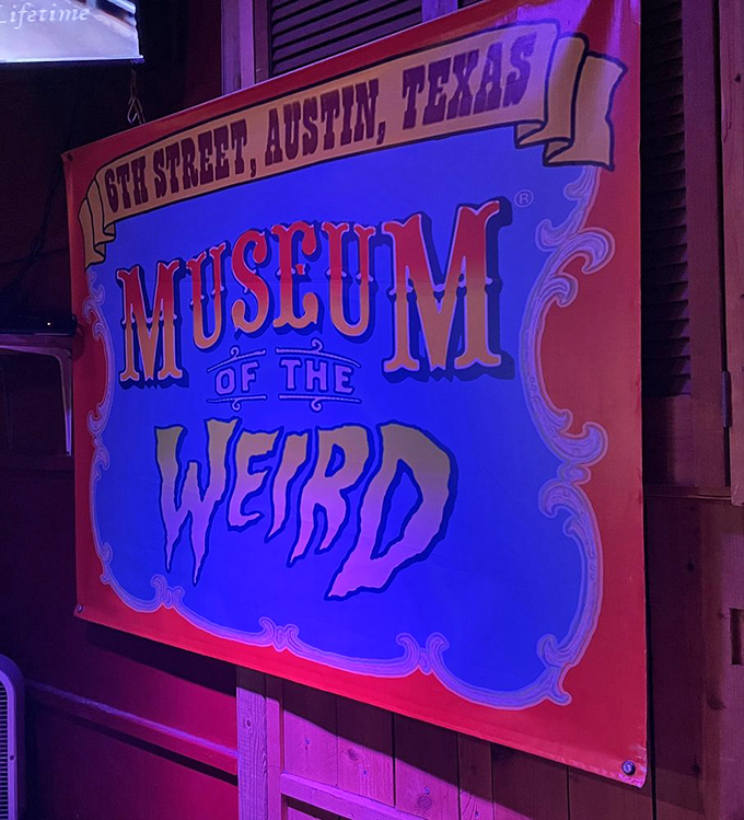 Welcome to weirdness central! This sign promises a journey into the bizarre that's sure to leave you scratching your head.