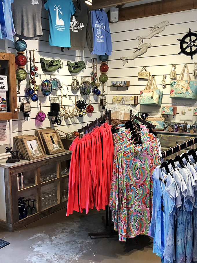 Souvenir shopping paradise: Where "I climbed the lighthouse" t-shirts meet nautical knick-knacks in perfect harmony.