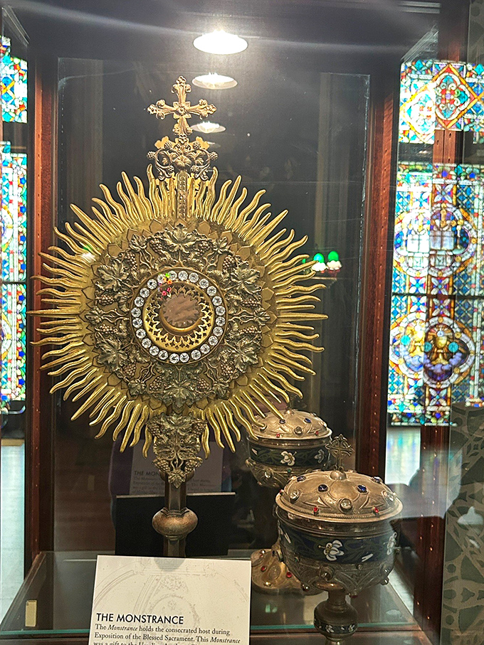 "Is it the sun or just really shiny?" The Monstrance gleams with golden radiance, a dazzling display of craftsmanship and devotion.