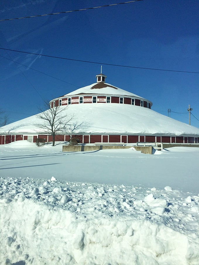 A winter wonderland or a giant marshmallow? This snow-covered round barn looks good enough to eat, but I'd stick to hot cocoa instead.