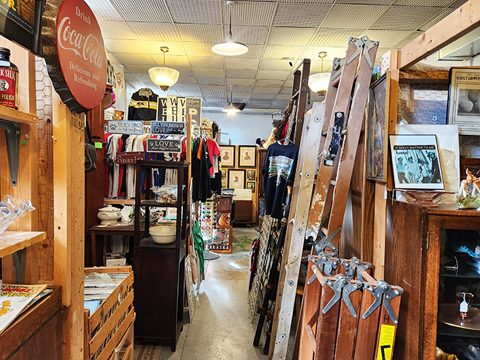 Down the rabbit hole we go! This aisle is a wonderland of whimsy, where Coca-Cola memorabilia rubs elbows with vintage fashion. Alice would definitely get lost here!