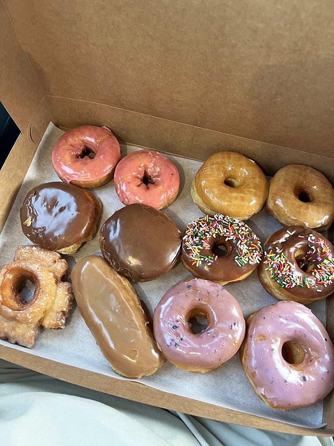 A box of joy! This assortment is like a flavor rainbow, proving that diversity is not just important in life, but in donuts too.

