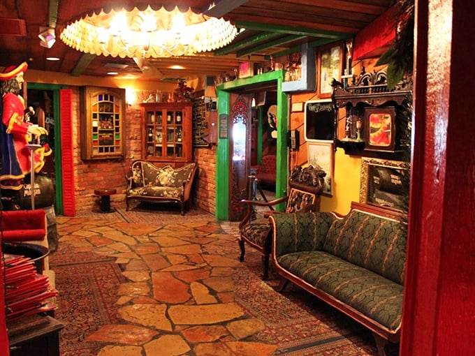 It's like your eccentric aunt's attic and a carnival had a baby! This decor is a feast for the eyes that'll keep you discovering new details with every visit.