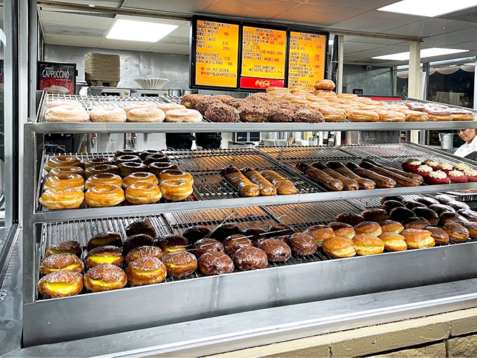 A window into donut heaven. This display is like the Louvre of fried dough, each shelf a gallery of sweet masterpieces. Da Vinci, eat your heart out (and have a donut while you're at it).