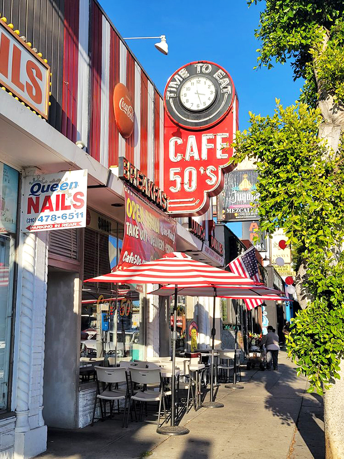 The gateway to gastronomic time travel! Cafe 50's facade promises a journey back to the days of poodle skirts and pompadours, all just steps away from modern-day Los Angeles.