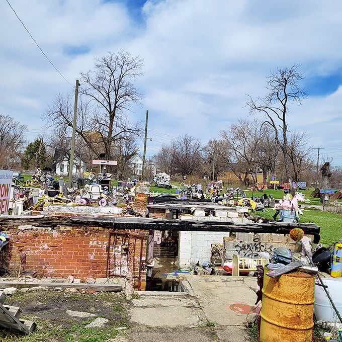 In this garden of earthly delights, even rusty relics find new life. It's a testament to the power of art to transform the ordinary.