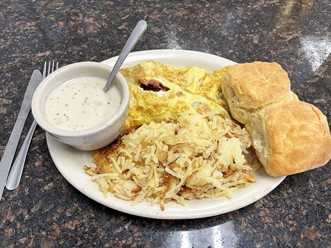 Hash browns crispier than a fall leaf, biscuits fluffier than a cloud &ndash; it's not breakfast, it's a religious experience on a plate.