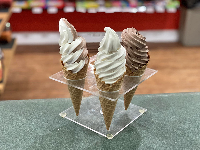 The holy trinity of ice cream: chocolate, vanilla, and... is that coffee? A cone of pure joy, no matter which flavor you choose.