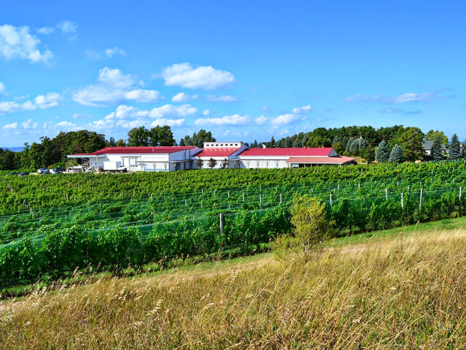 A slice of Tuscan heaven in Michigan: Red-roofed buildings nestled among lush vines. No passport required for this European escape.