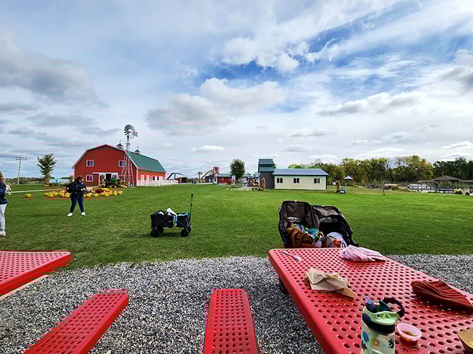 "Farm-tastic fun for everyone! With picnic tables, play areas, and that iconic red barn, it's a slice of Americana that'll make you want to trade your briefcase for a pitchfork."