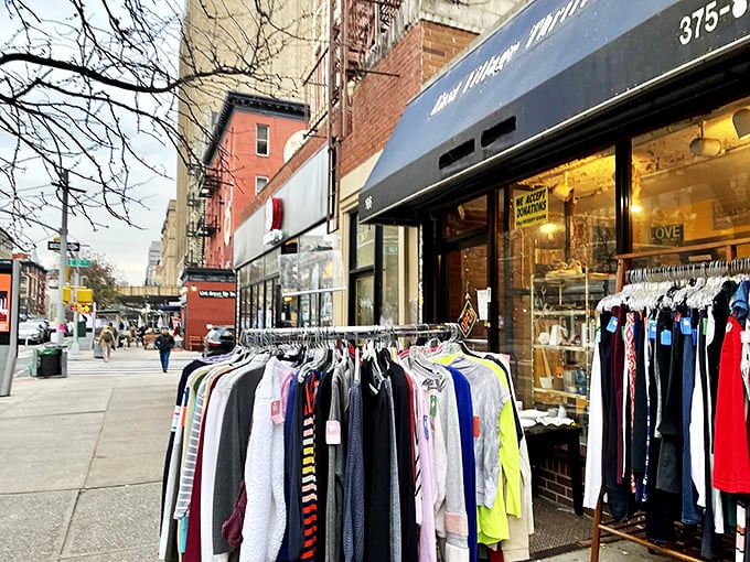 The sidewalk runway awaits! These outdoor racks are like a fashion amuse-bouche, tempting you into the full thrifting experience inside.