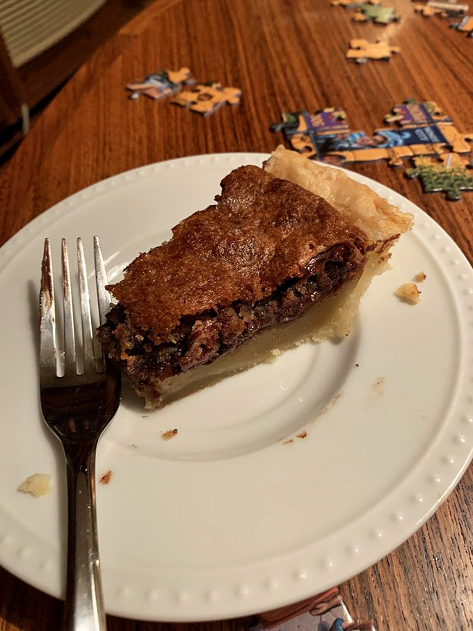 A slice of pecan pie that whispers, "Diet? What diet?" Resistance is futile against this sweet temptation.
