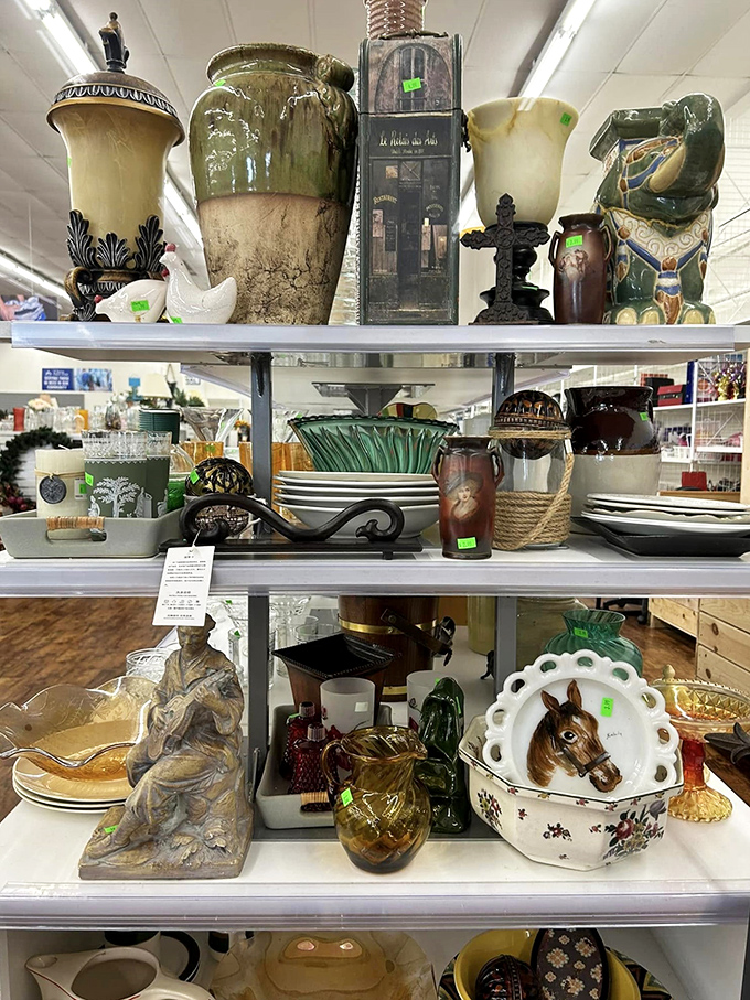 It's organized chaos at its finest! This shelf of random items is like a real-life "I Spy" game. Can you spot your next conversation piece?