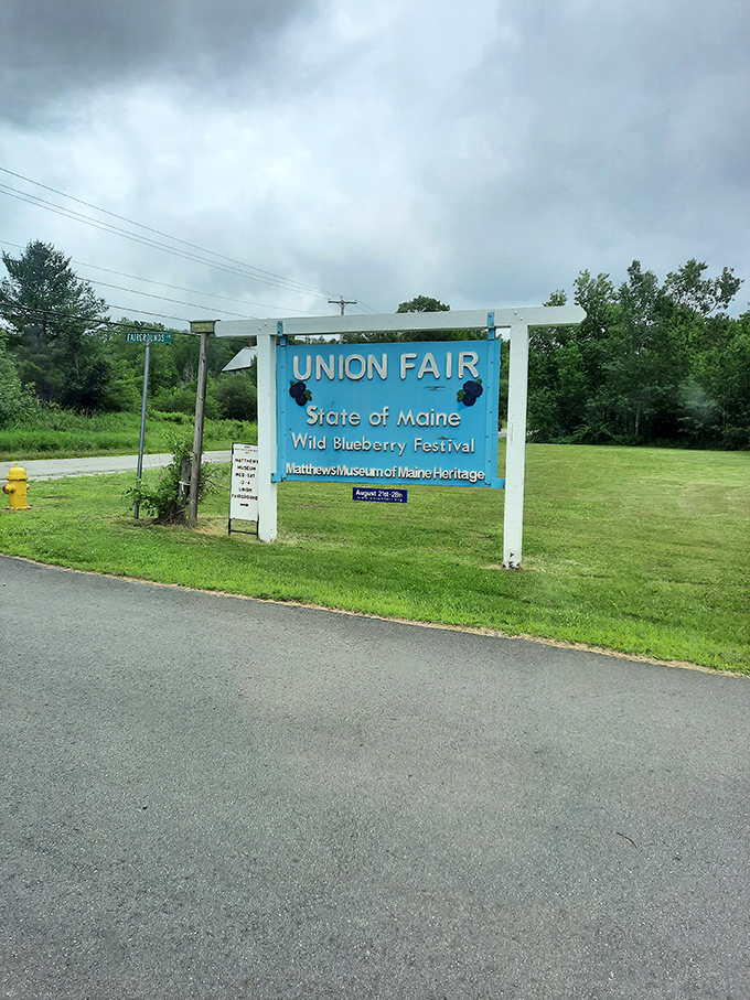 Union Fair: Where blueberries and history collide! This sign promises a wild time – as wild as things get in rural Maine, that is.