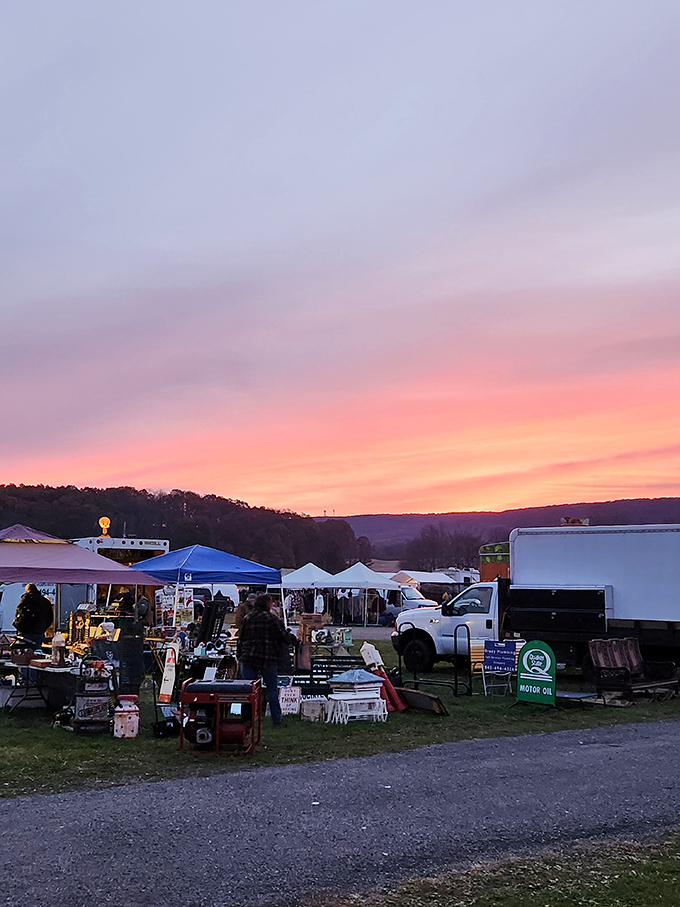 Flea market magic hour! As the sun sets, the deals heat up. It's like Black Friday, but with more charm and fewer trampling incidents.