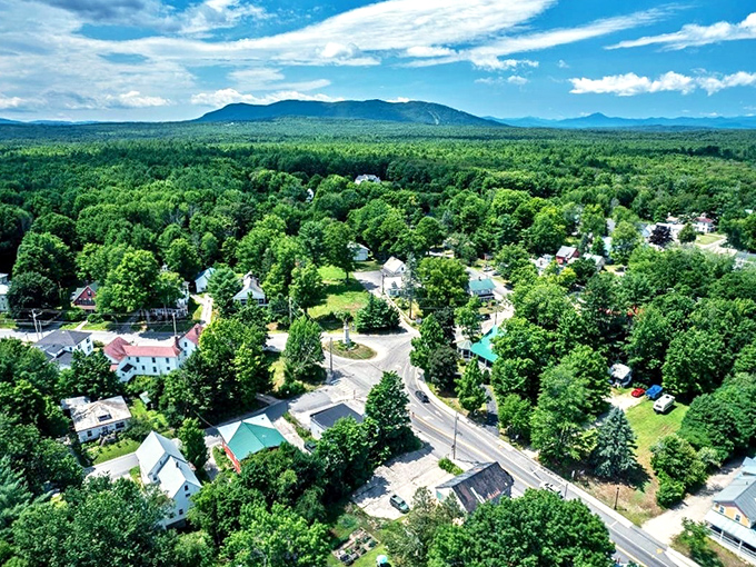 Bridgton from above: a patchwork quilt of forests, lakes, and charming neighborhoods. It's like someone took all the best parts of Maine and created a real-life snow globe (minus the snow, of course).