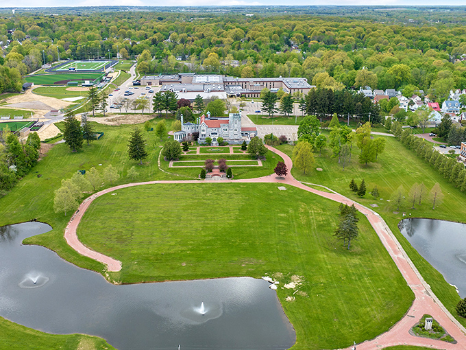 Bird's eye bliss! This aerial view showcases the castle's grand design and its harmonious blend with nature.