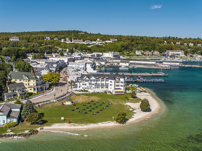 Bird's eye bliss: Mackinac Island from above looks like a dollhouse village dropped into a sapphire sea. No Instagram filter needed!