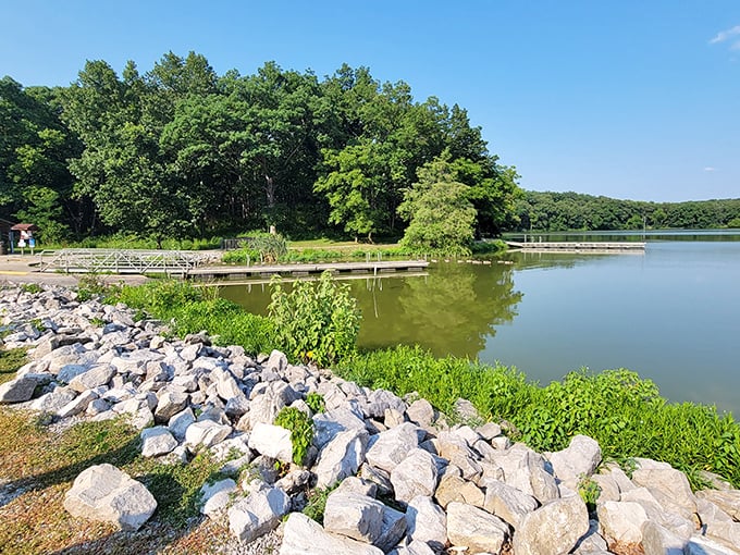 Nature's own infinity pool! Beaver Dam's rocky shoreline invites you to dip your toes and contemplate life's big questions – like "Did beavers invent landscaping?"