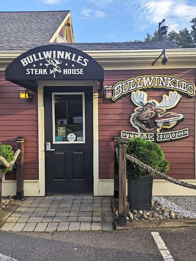 Bullwinkle's: Where moose puns and mouthwatering steaks collide! This charming red facade promises a night of meaty delights and woodland whimsy.